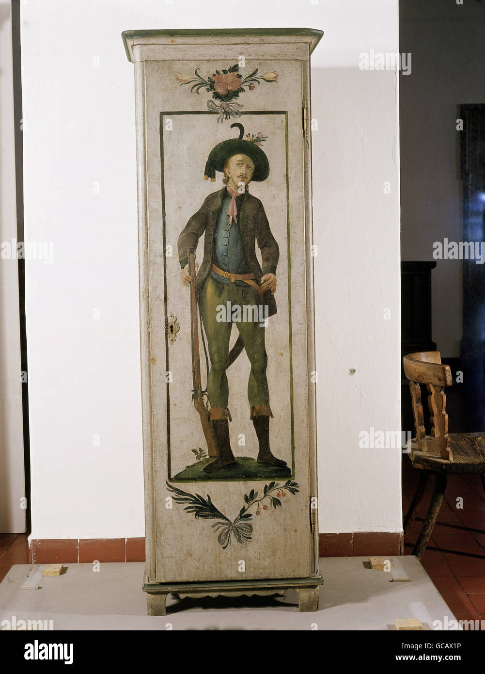 fine arts, Alpine folk art, painting on wood, hunter, rifle cabinet ...