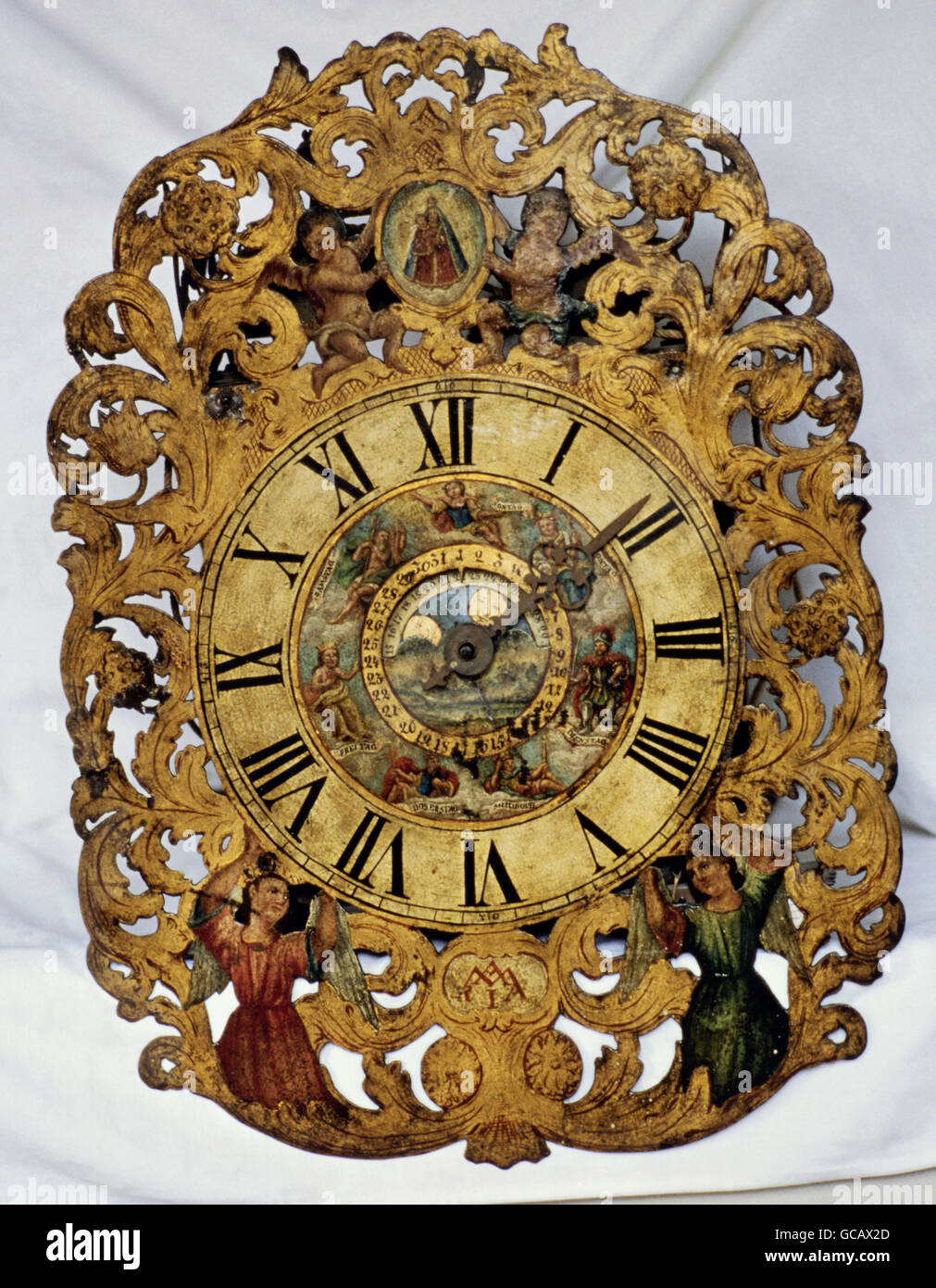 clocks, frontage clock, angels with garlands, carving, wood, 18th ...