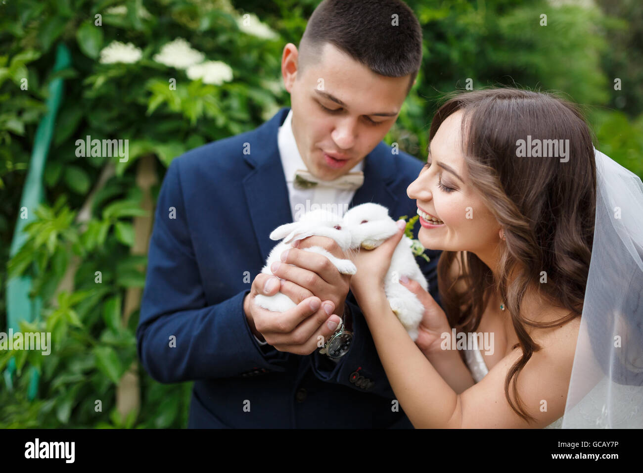 wedding couple are holding two small rabbits, summer time Stock Photo ...