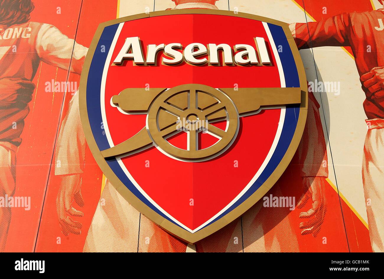 General view of the Arsenal emblem of the side of the Emirates Stadium ...