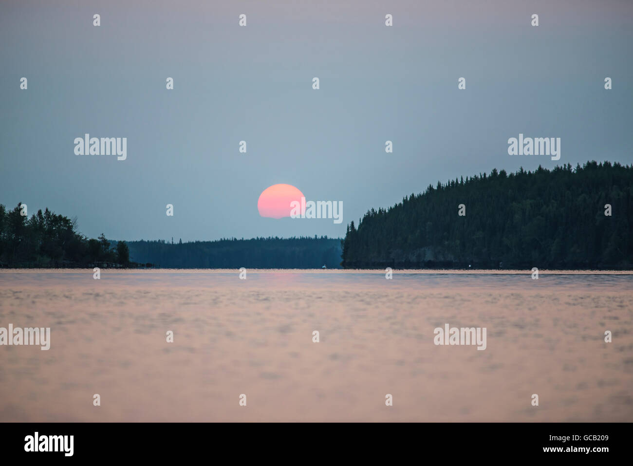 A red sun setting over the forest with a lake reflecting the pink glow ...