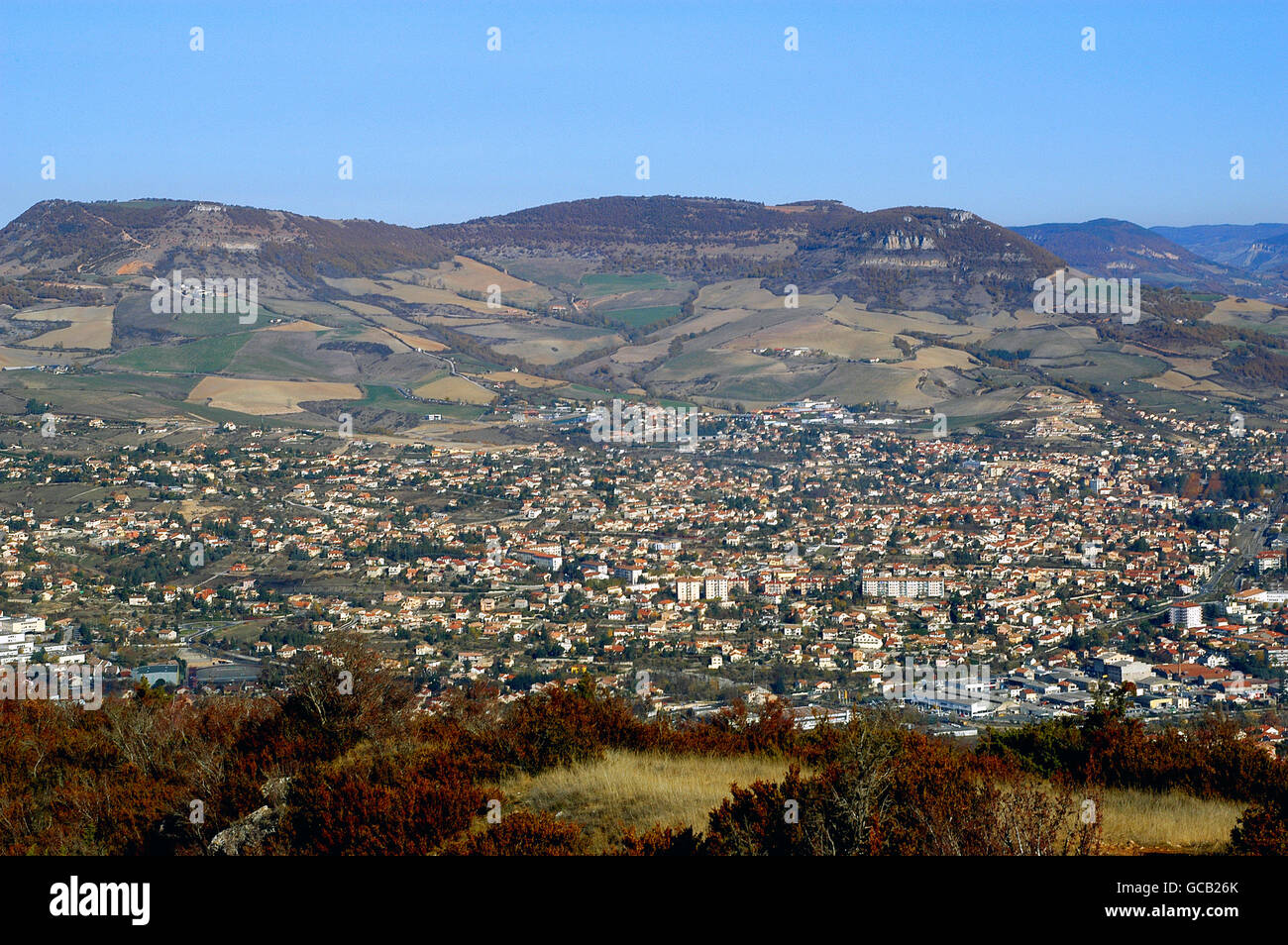 Aerial view of the city of Millau located in the south of France in the ...
