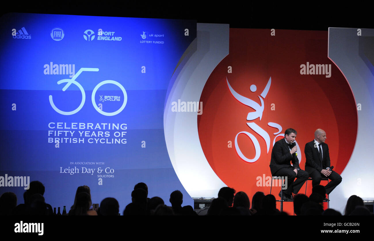 Ian Drake and Dave Brailsford speak during the British Cycling's Hall ...