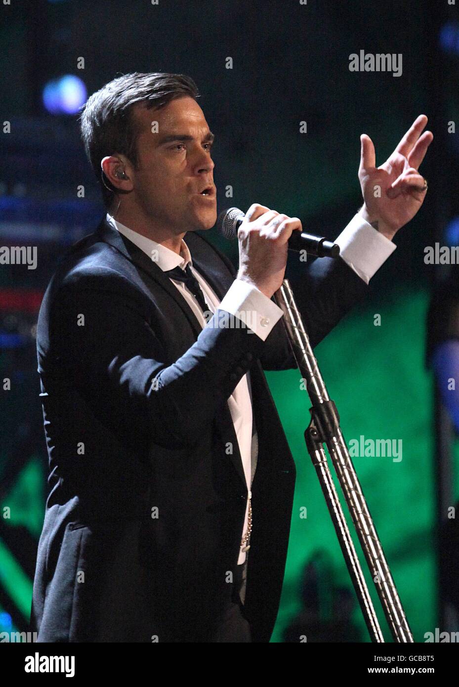 Robbie Williams performs on stage during the BRIT Awards 2010, at Earls ...