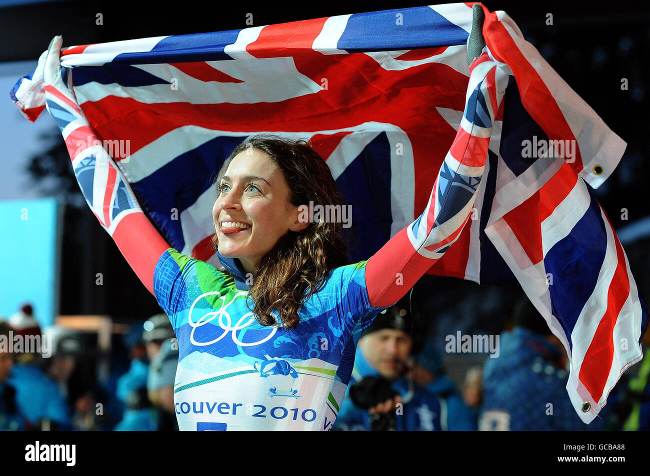 Great britains amy williams celebrates winning gold in the skeleton hi ...
