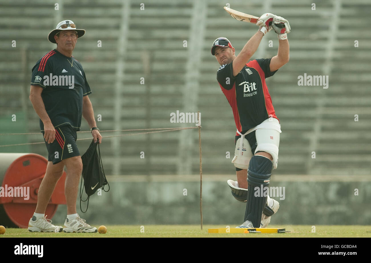 England's Matt Prior with batting coach Graham Gooch during a nets ...
