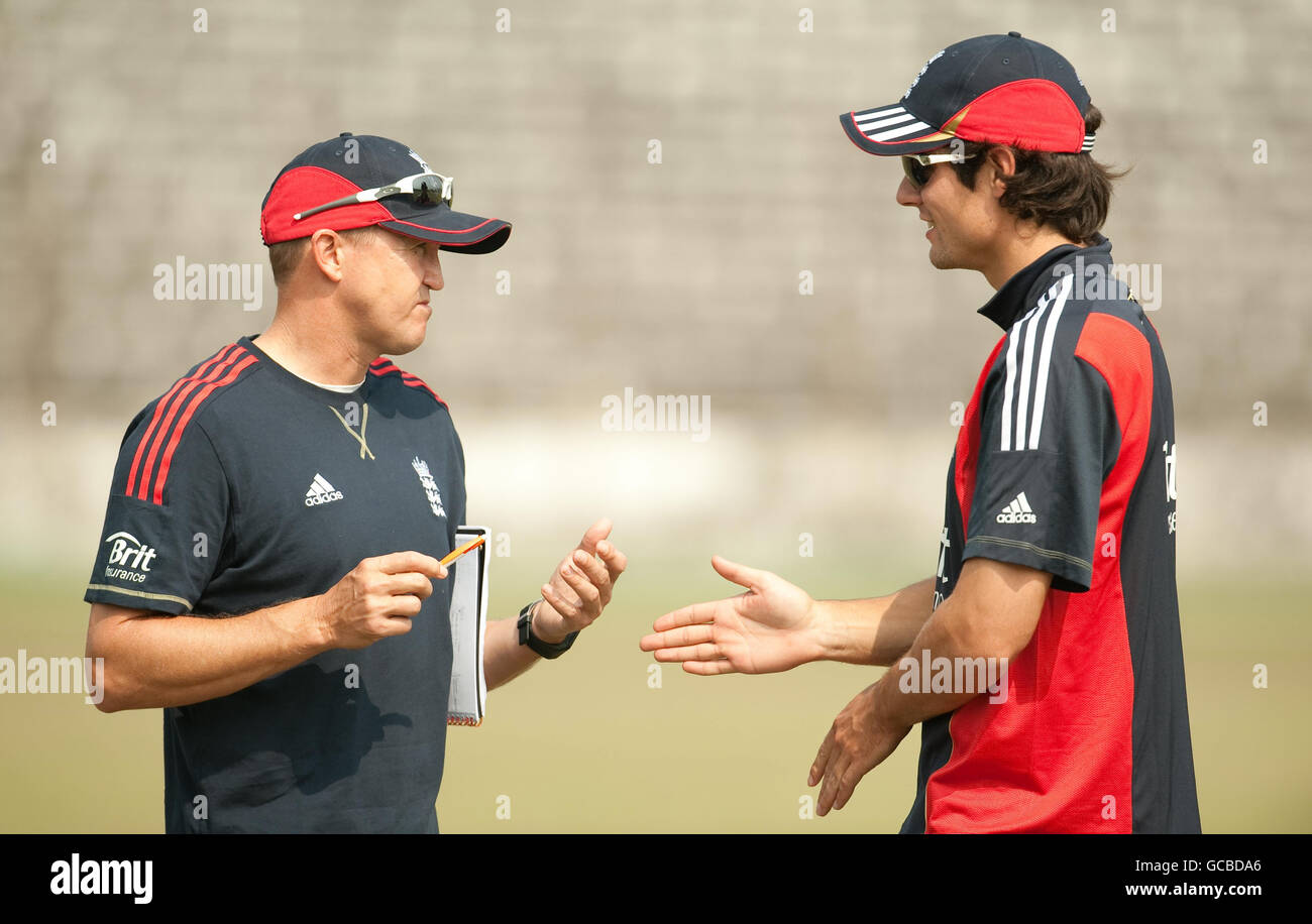 England captain Alastair Cook and coach Andy Flower (left) during a ...