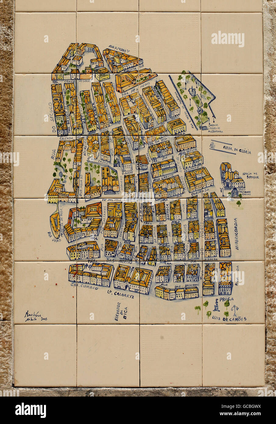 A map of the Barrio Alto area of Lisbon is painted on a wall Stock ...