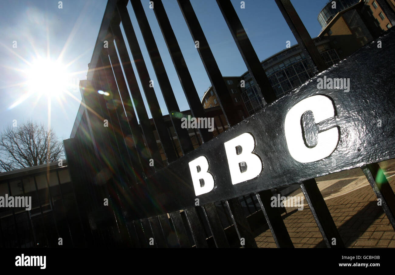 The BBC logo on a gate at BBC Television Centre after it was confirmed ...