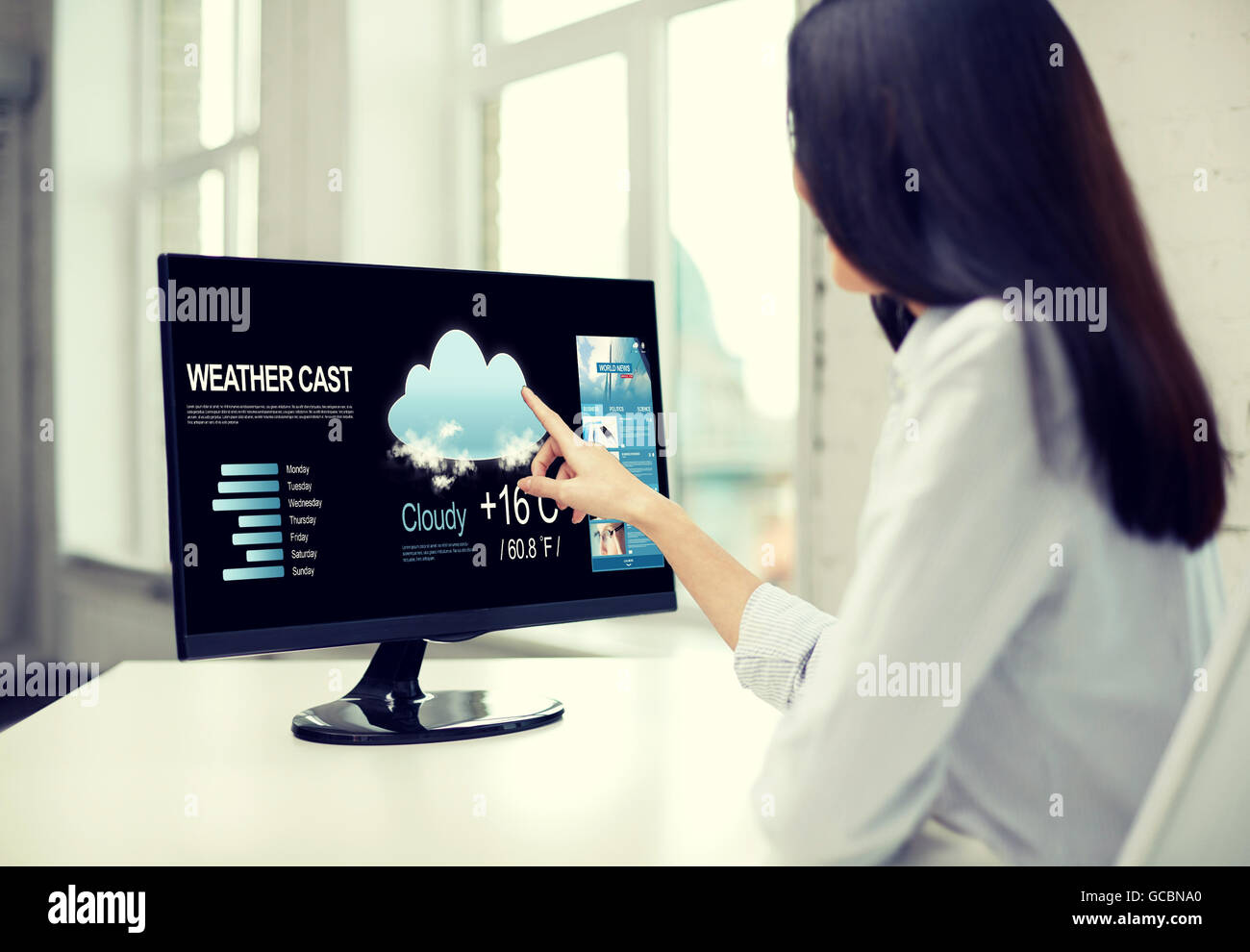 close up of woman with weather cast on computer Stock Photo - Alamy