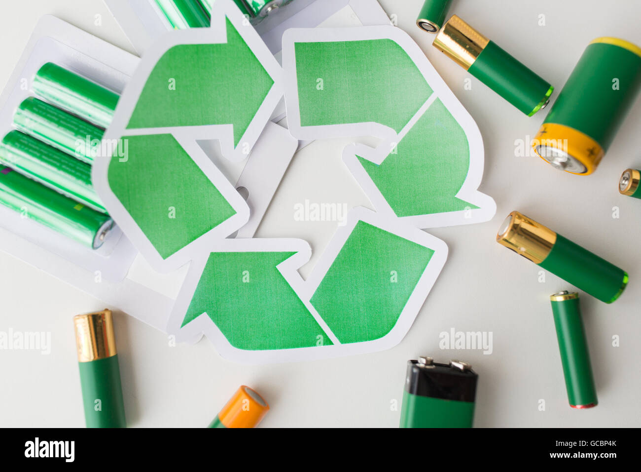close up of batteries and green recycling symbol Stock Photo - Alamy