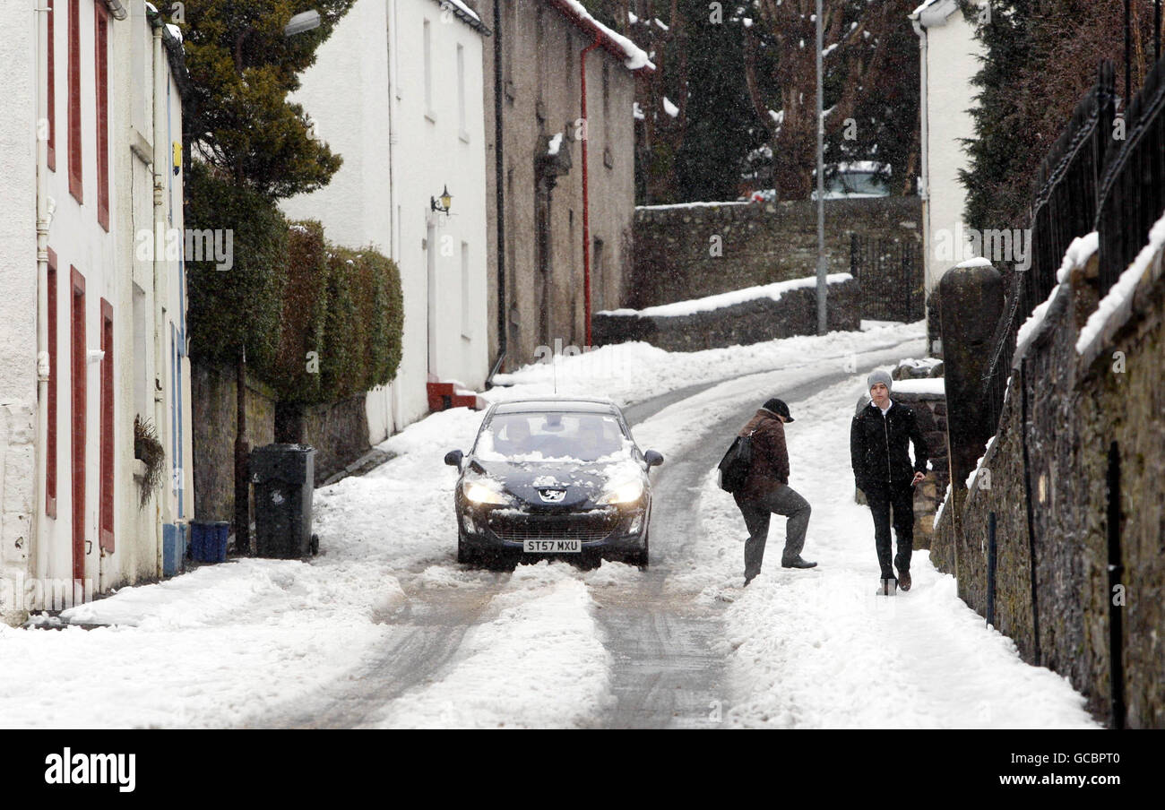 Snowy conditions in Dunblane, Scotland as the cold snap continues Stock ...