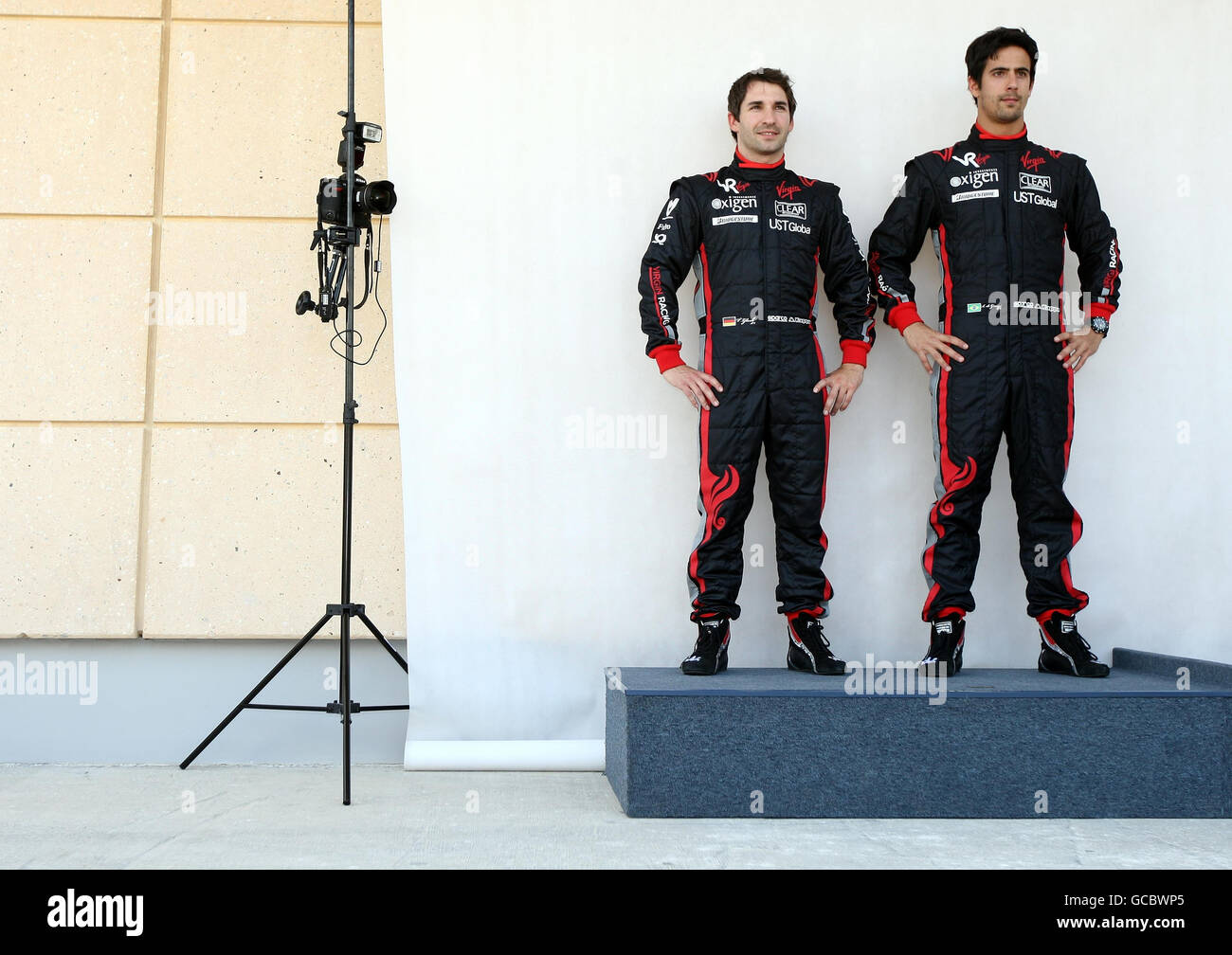 Virgin Racing drivers Timo Glock (left) and Lucas Di Grassi pose for ...