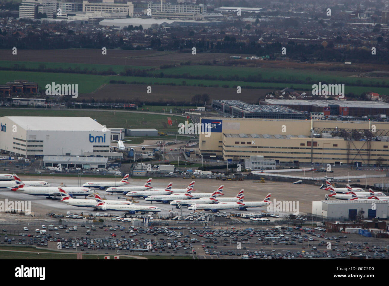 British Airways planes parked in engineering area near Hatton Cross as ...