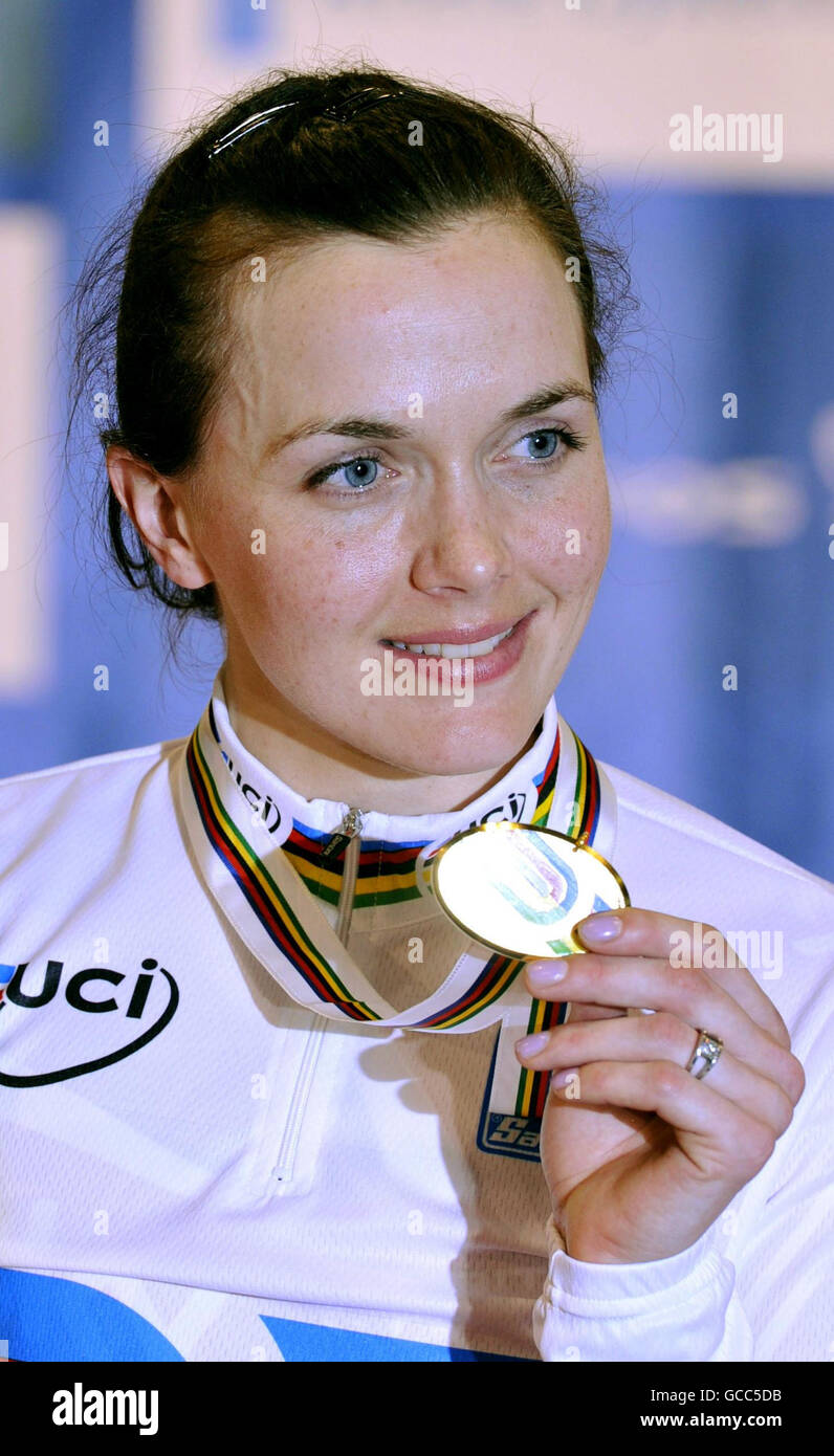 Great Britain's Victoria Pendleton holds her Gold medal after victory ...