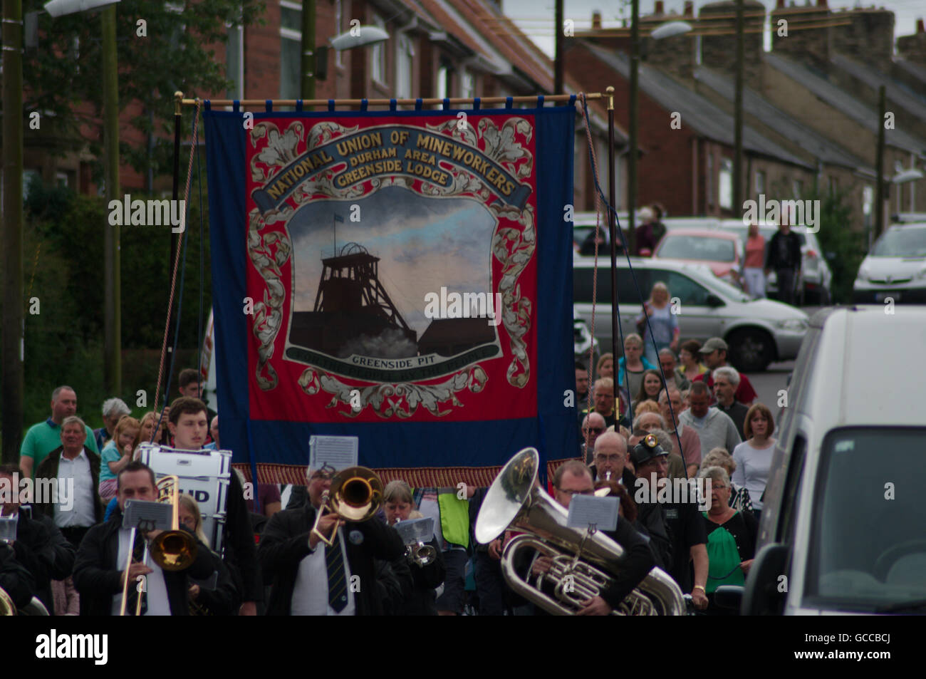 Greenside, UK, 9 July 2016. Greenside pit banner being paraded through ...