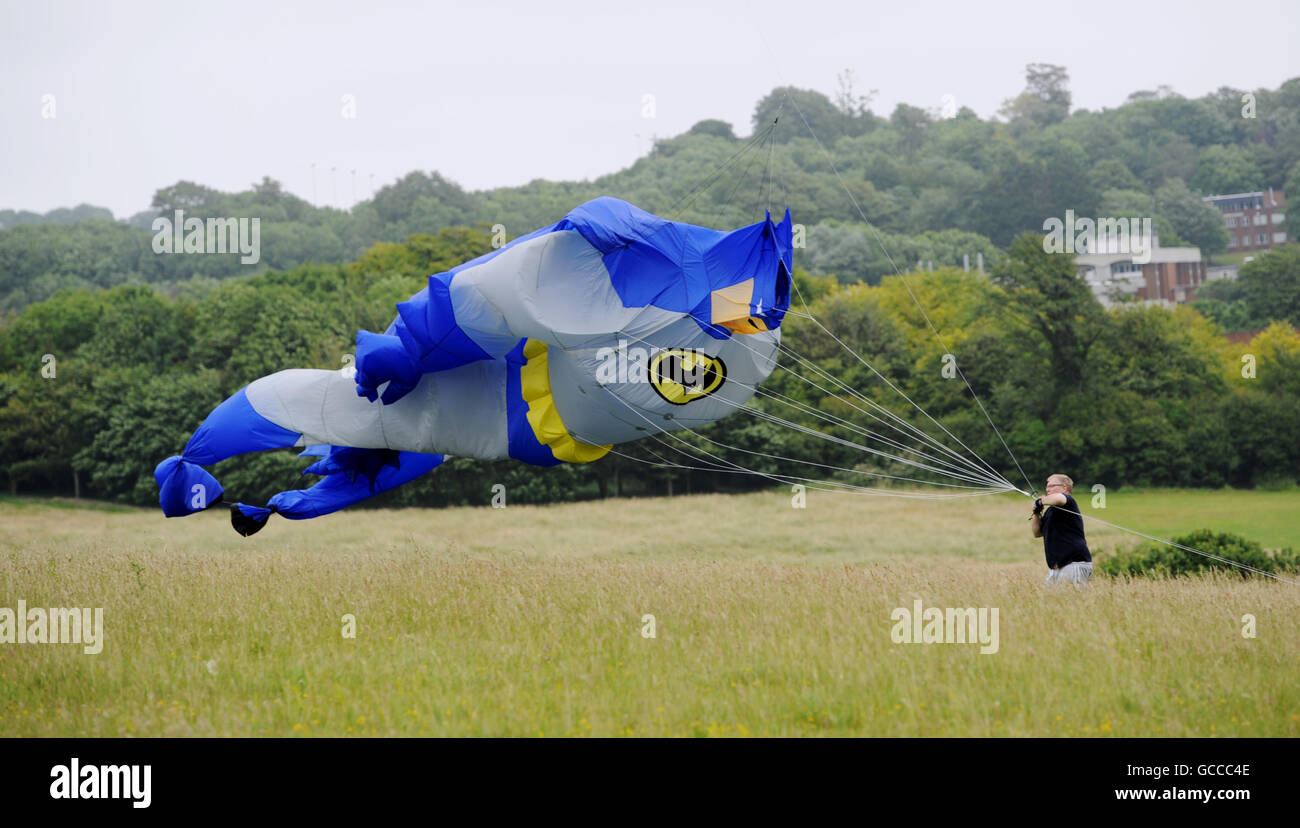Brighton, UK. 9th July, 2016. Guy Reynolds launches his giant Batman ...