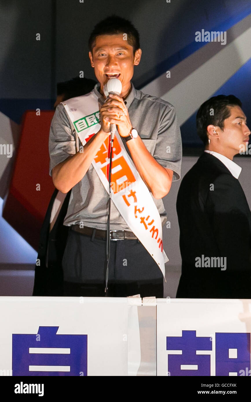 Liberal Democratic Party candidates Kentaro Asahi speaks during a ...