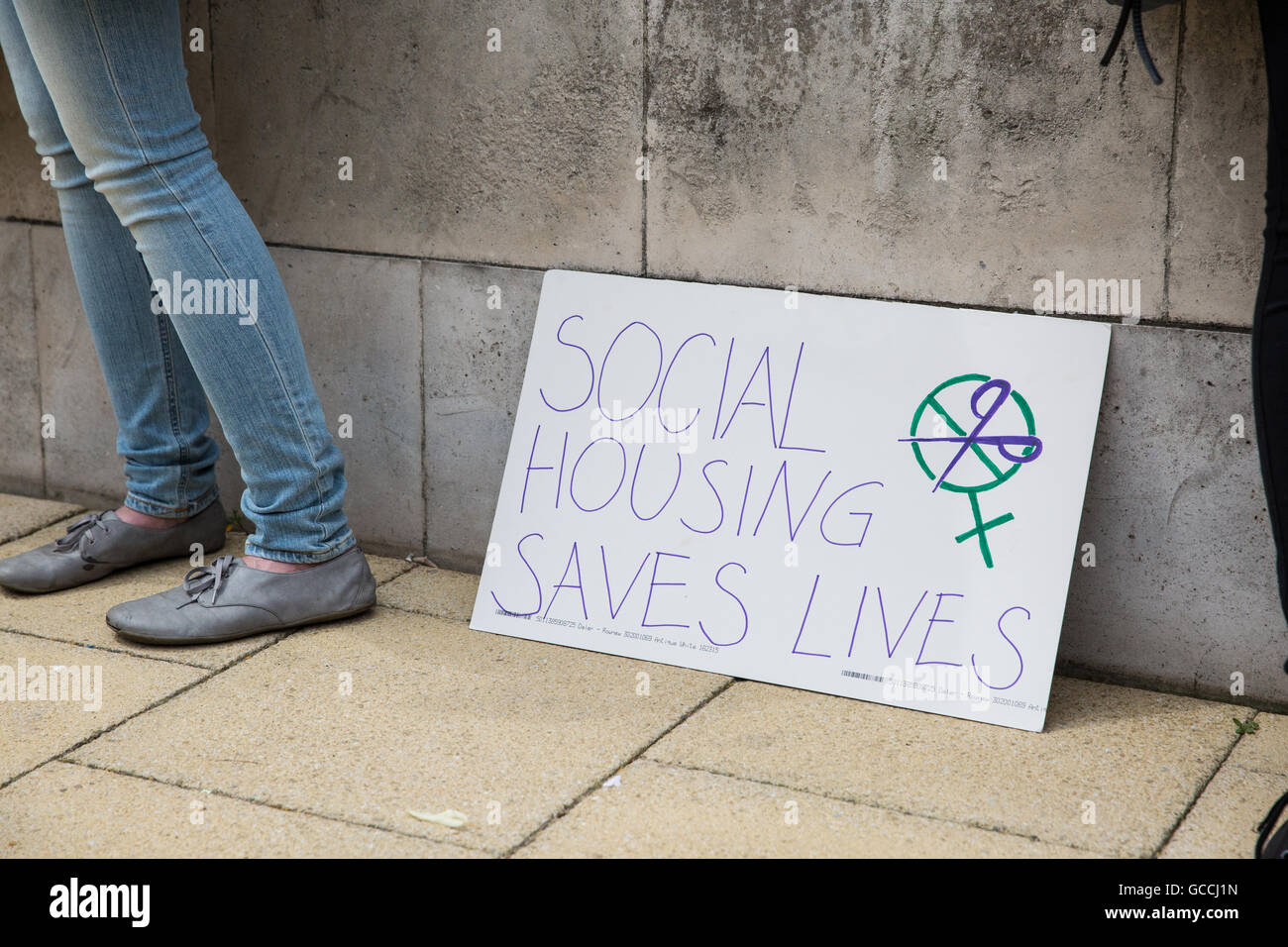 London, UK. 9th July, 2016. A sign reads 'Social Housing Saves Lives ...