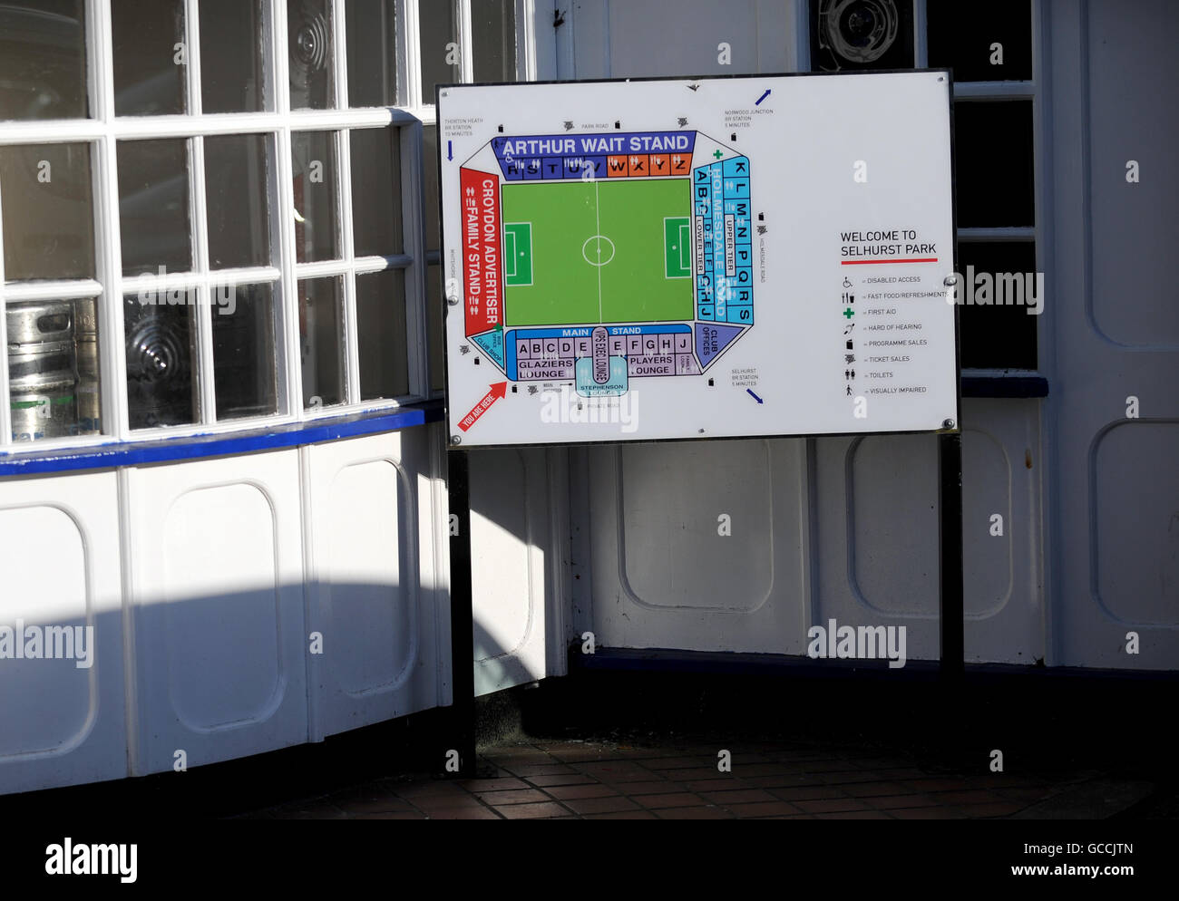 A general view of signage at Selhurst Park, home to Crystal Palace ...