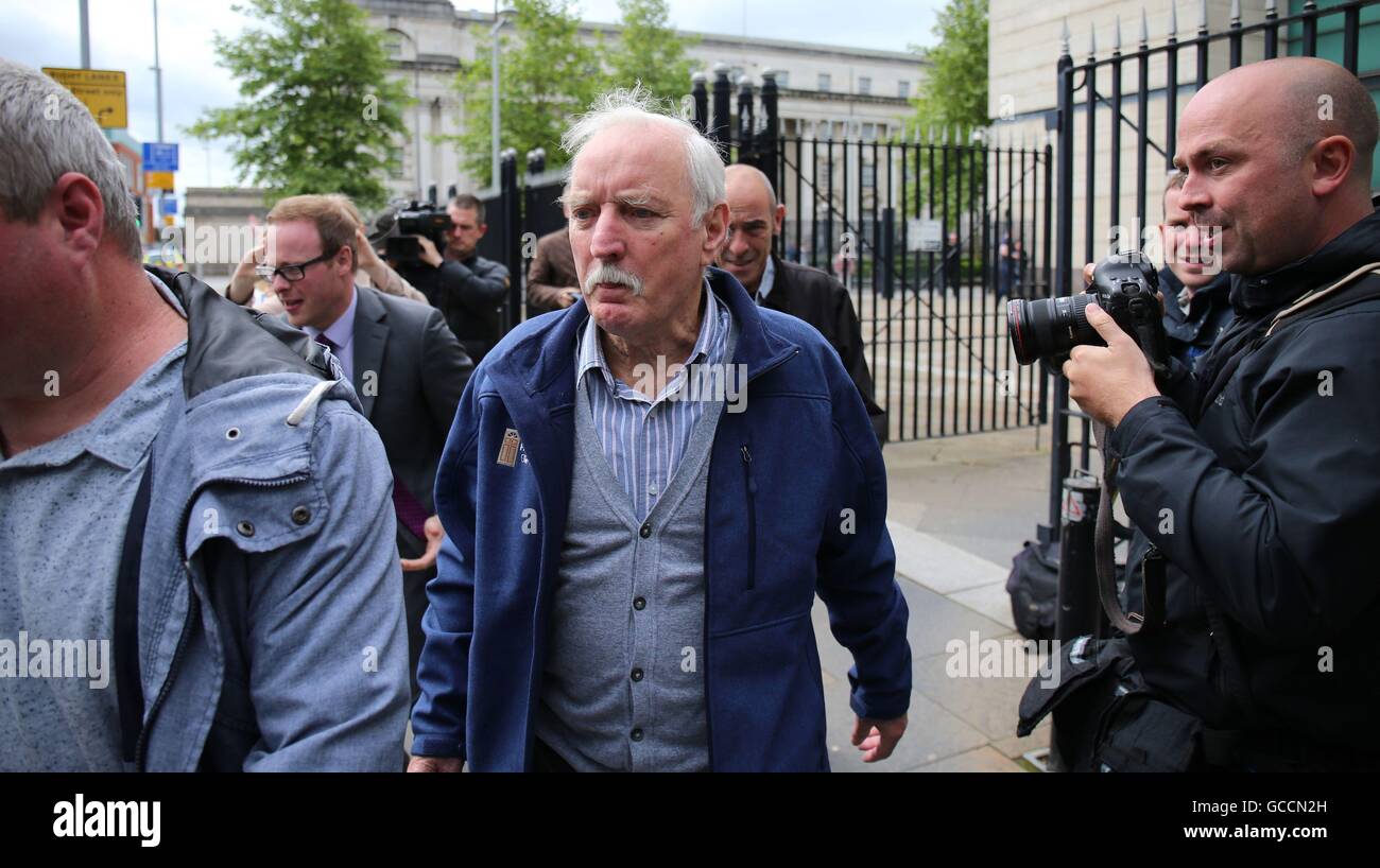 Ivor Bell, 79, (centre) leaves Belfast Magistrates' Court after a judge ...