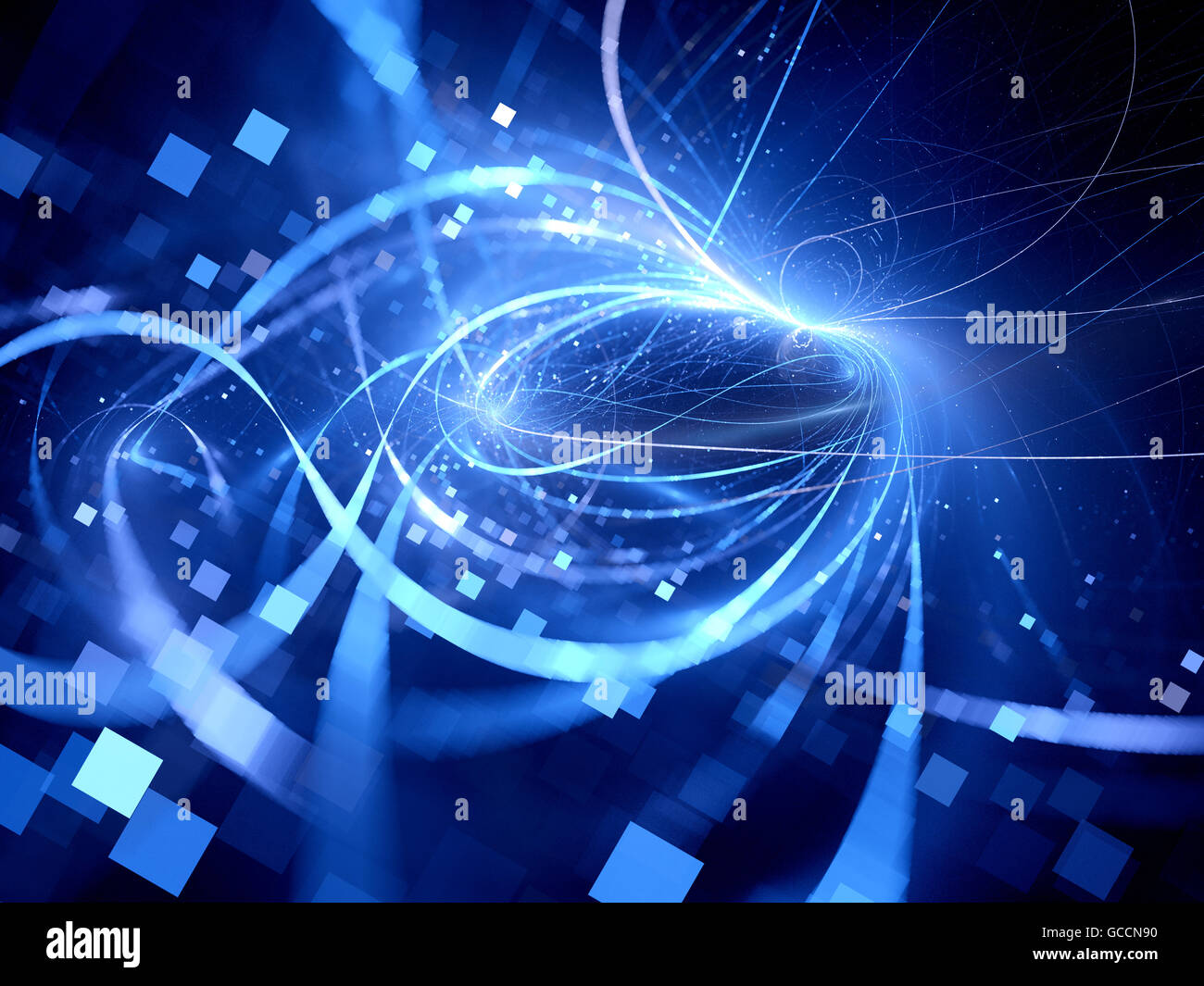 Blue glowing technology curves in space with square shaped particles ...