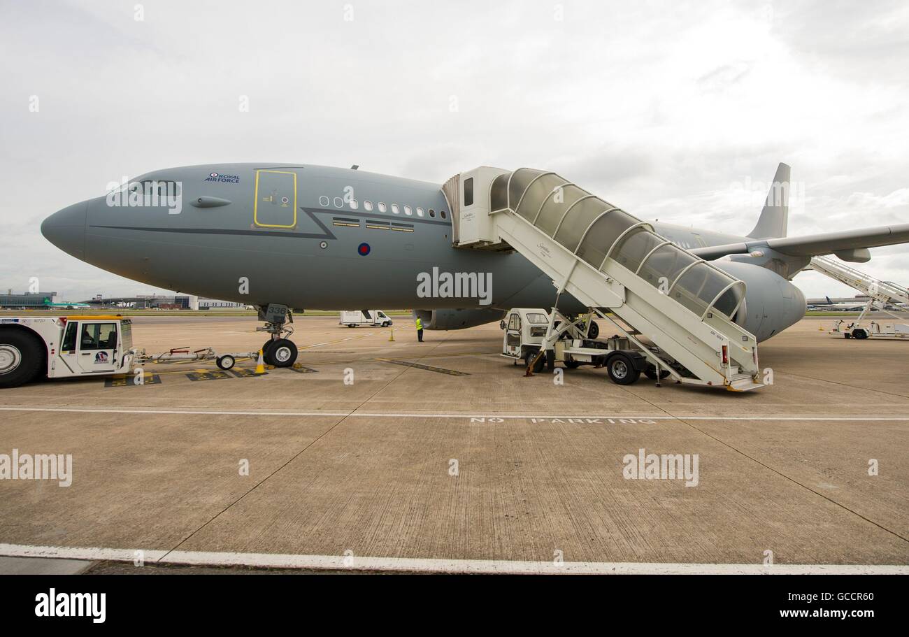 A converted RAF Voyager plane sits on the tarmac at Heathrow Airport ...