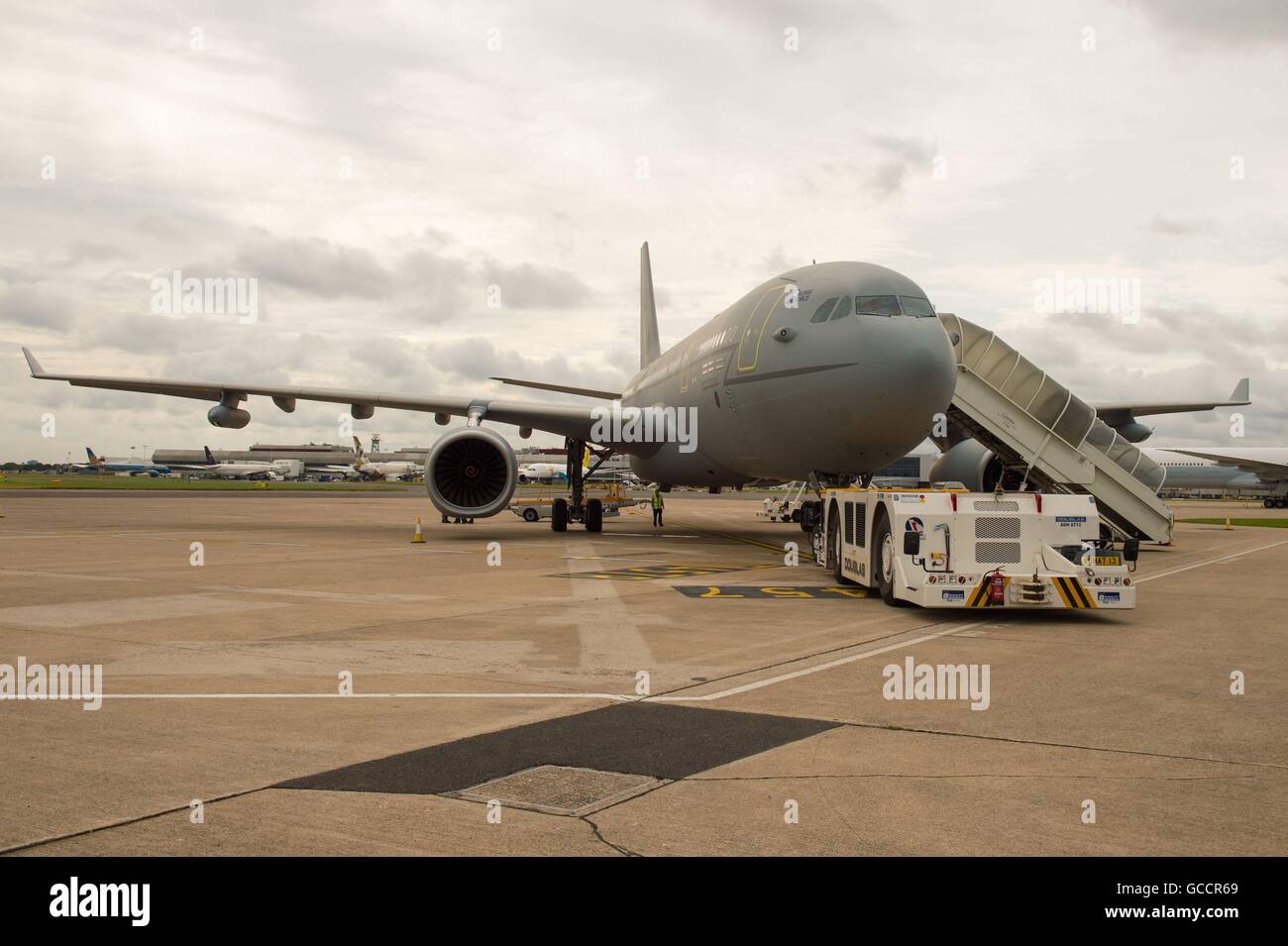 A converted RAF Voyager plane sits on the tarmac at Heathrow Airport ...