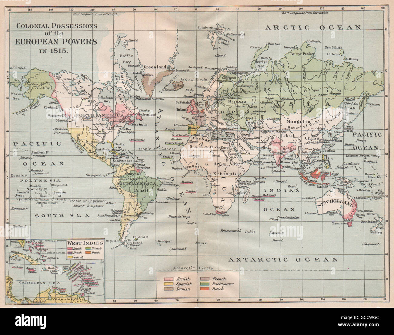 EUROPEAN POWERS' COLONIES IN 1815. British Spanish Portuguese Dutch ...