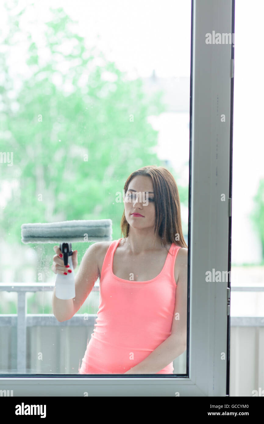 Beautiful young woman cleans a home. The girl washes the windows with a ...