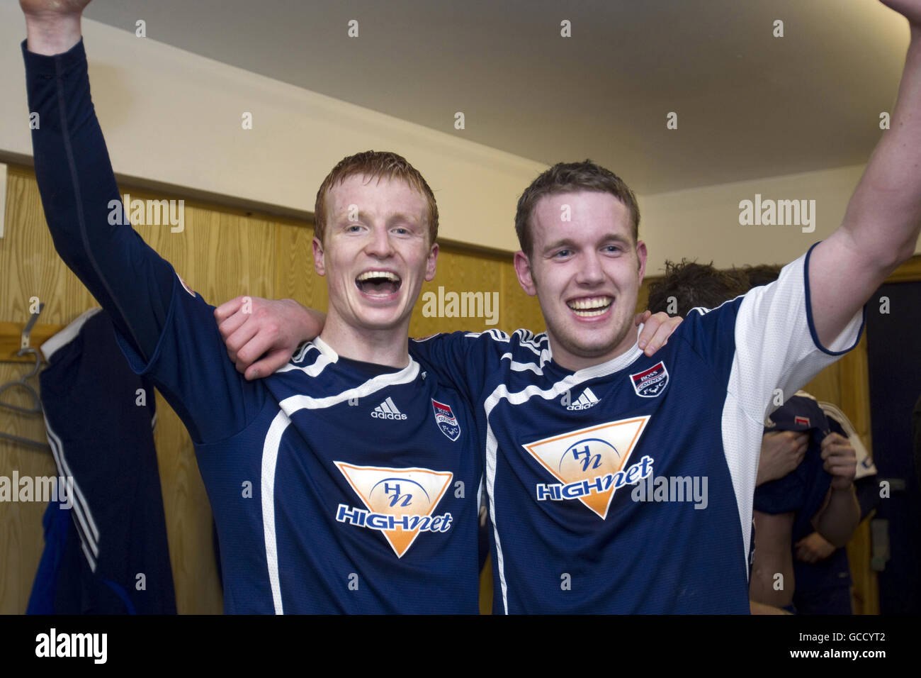 Ross County's Scott Boyd and Garry Wood celebrate in the dressing room ...