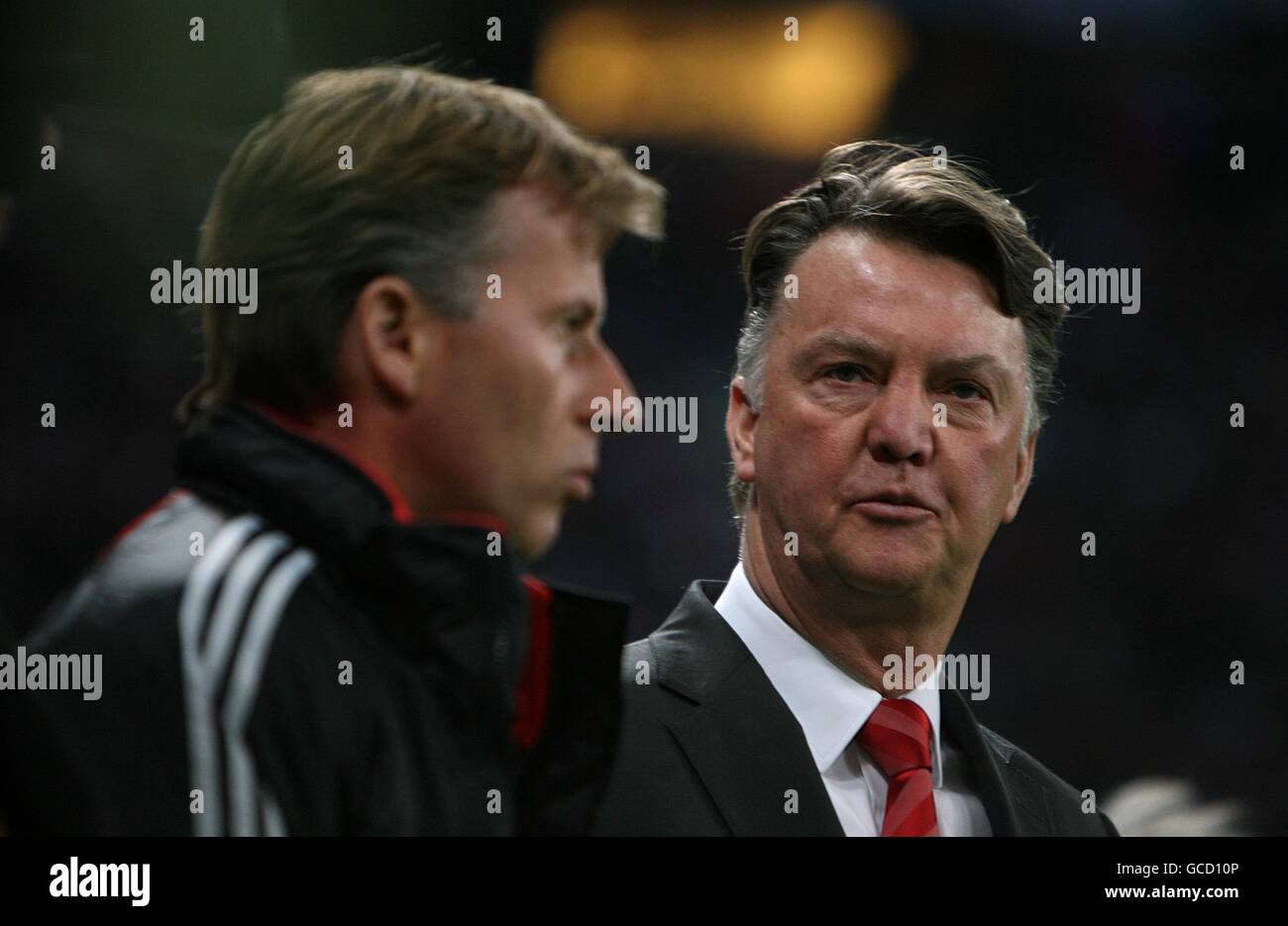Bayern munich manager louis van gaal right on the touchline hi-res ...