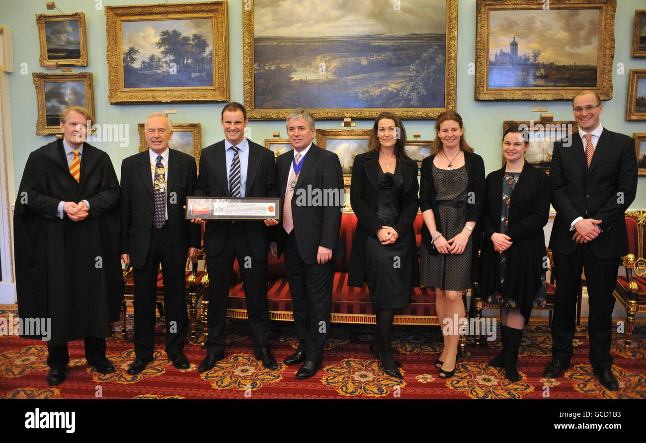 England cricket captain Andrew Strauss (3rd left) receives the Freedom ...