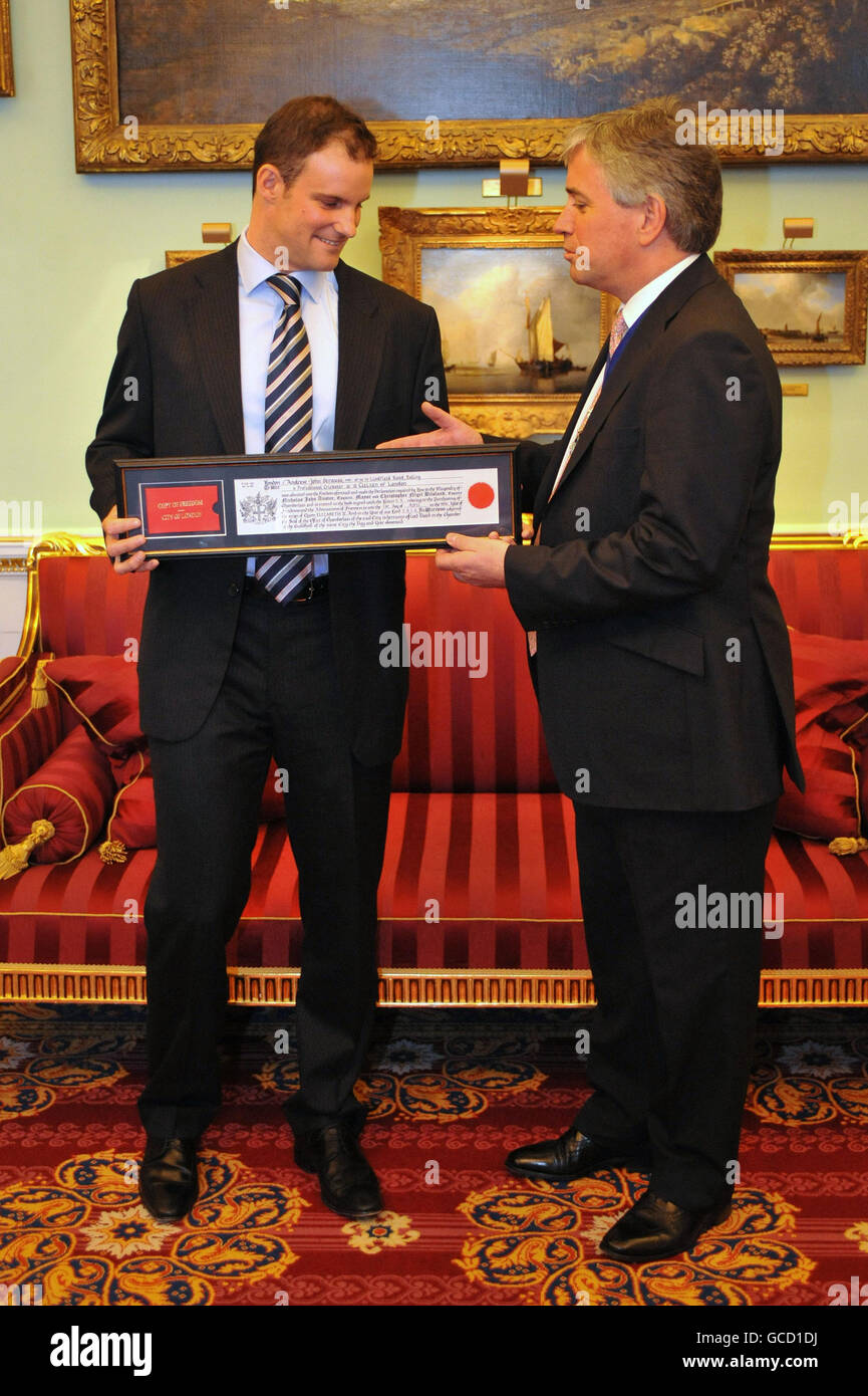 England cricket captain Andrew Strauss (left) receives the Freedom of ...