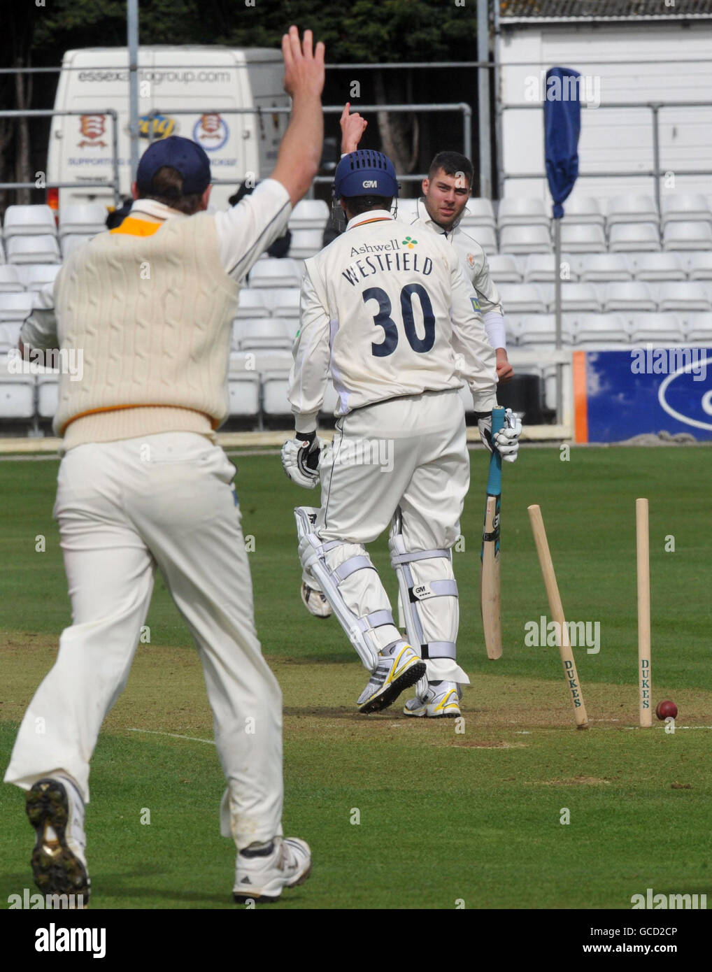 Essex's Tim Phillips is out for a duck, bowled by Leeds/Bradford's ...