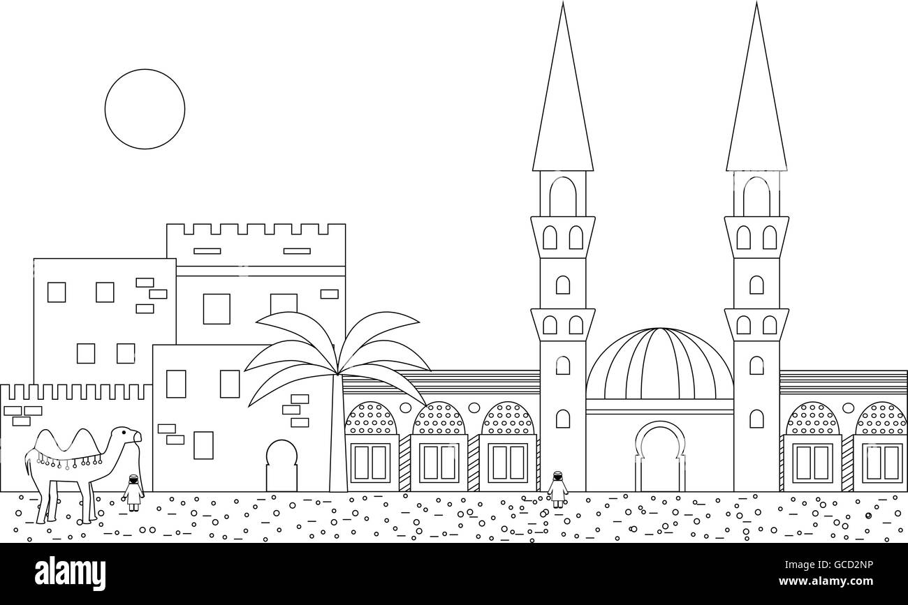 Islamic outline cityscape with mosque and minaret Stock Vector Image ...