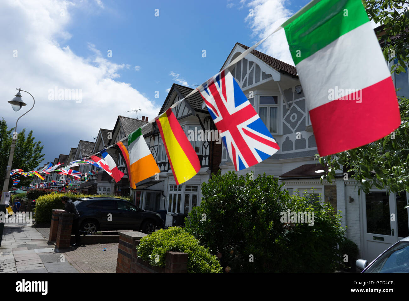Bunting and flags at a street party event Stock Photo - Alamy
