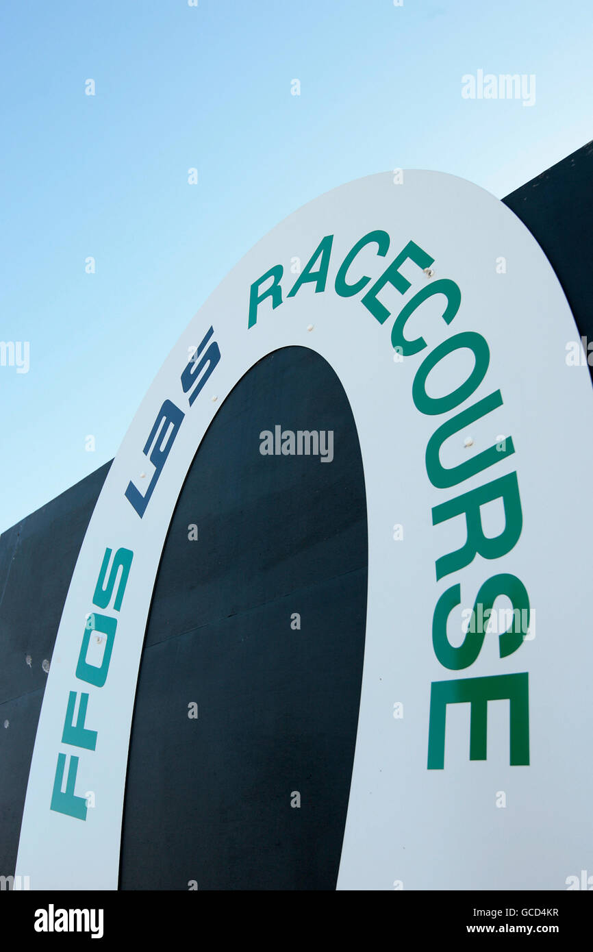 General view of signage at ffos las racecourse hi-res stock photography ...
