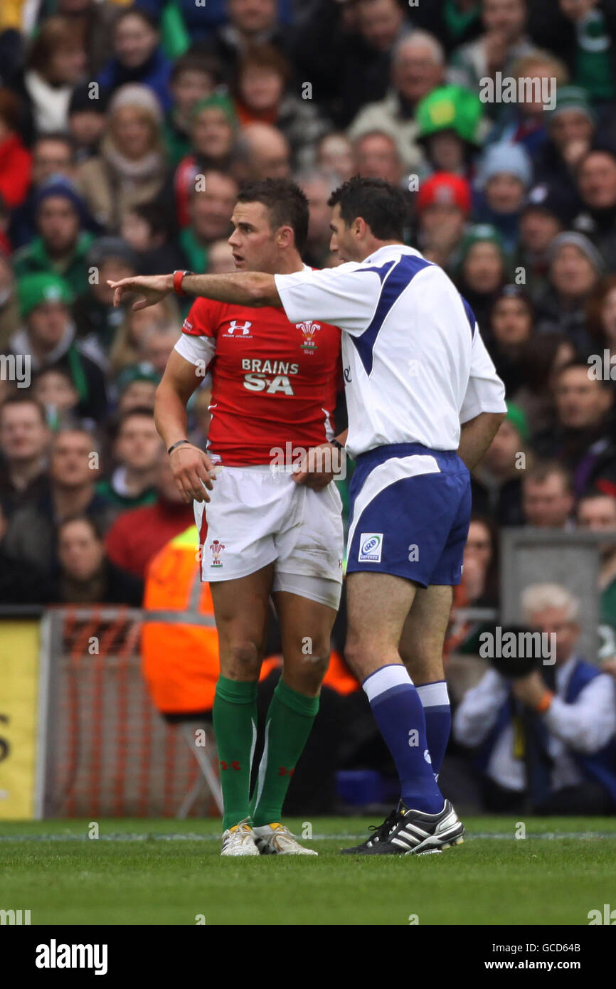 Wales Lee Bryne is spoken to by match referee Craig Joubert during the ...
