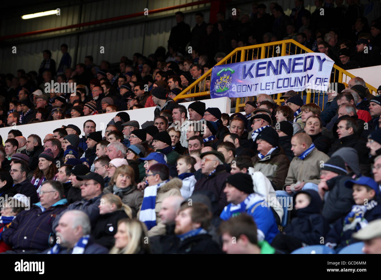 A sign in the stands installed by Stockport County fans appealing to ...