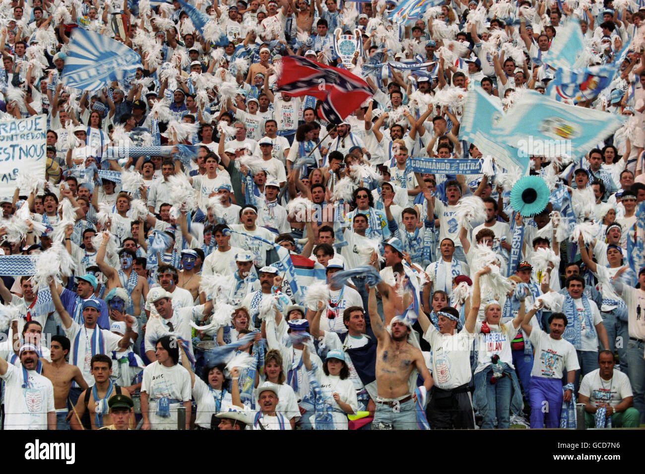 Olympique Marseille fans celebrate in the crowd during the game Stock ...