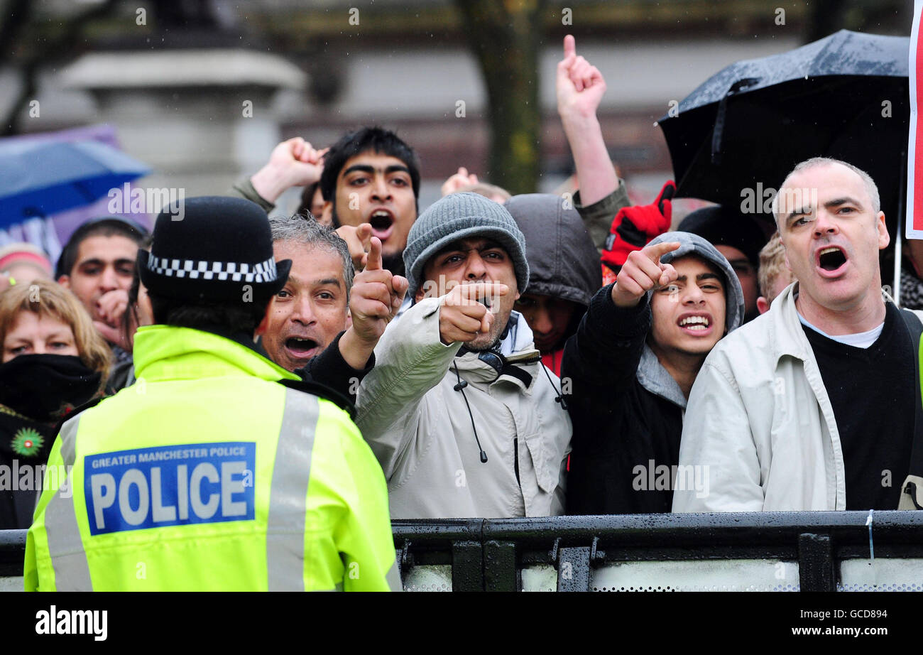 Gesture during a protest in bolton town centre hi-res stock photography ...
