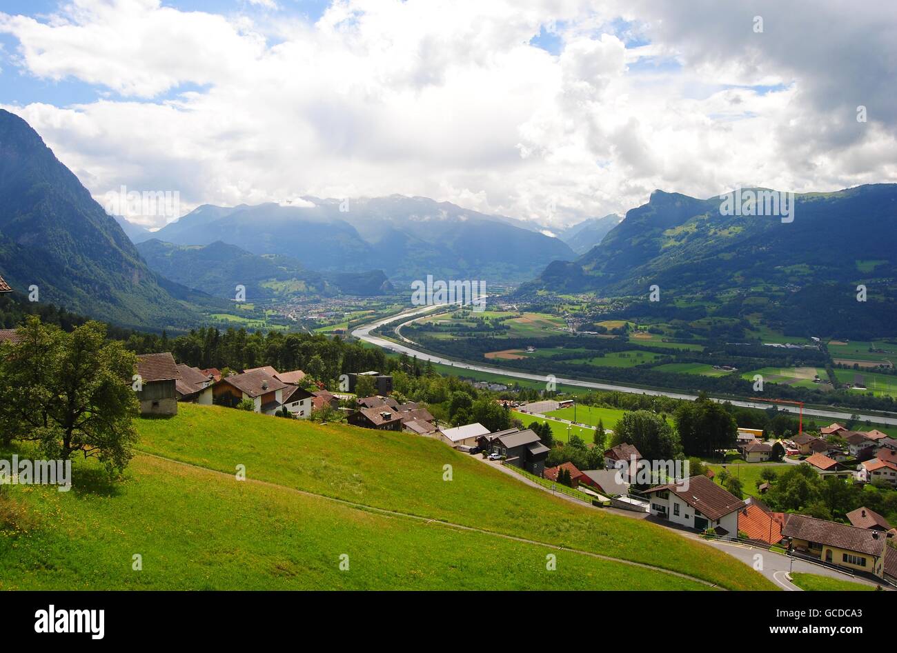 View over the Rhine valley from Triesenberg in Liechtenstein Stock ...