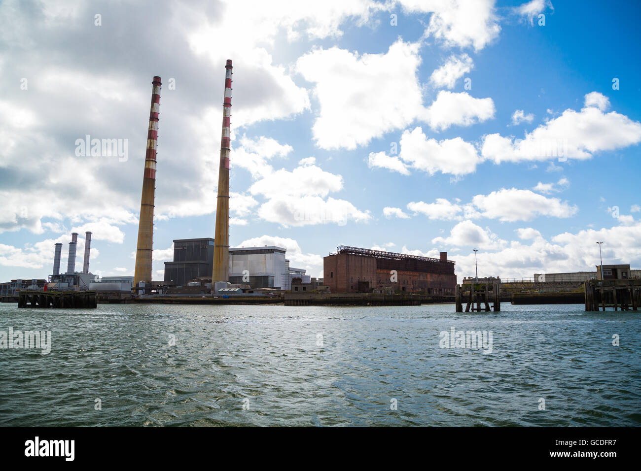 The Poolbeg chimneys viewed from a boat in Dublin bay, Dublin, Ireland ...
