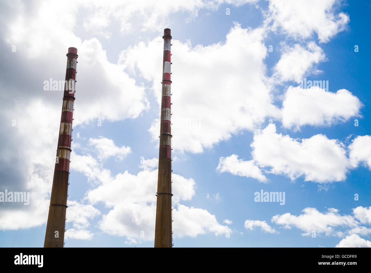 The Poolbeg chimneys viewed from a boat in Dublin bay, Dublin, Ireland ...