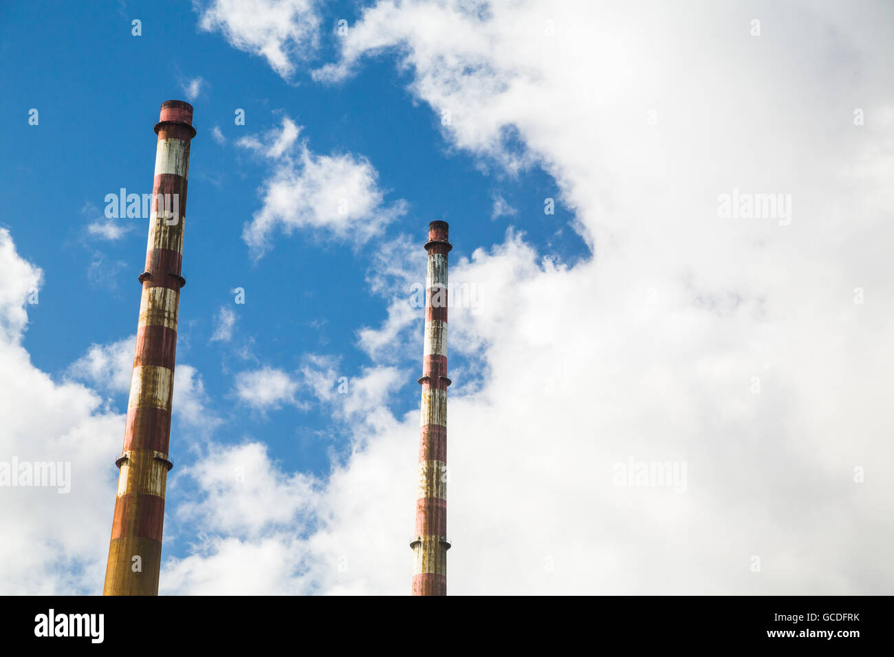 The Poolbeg chimneys viewed from a boat in Dublin bay, Dublin, Ireland ...