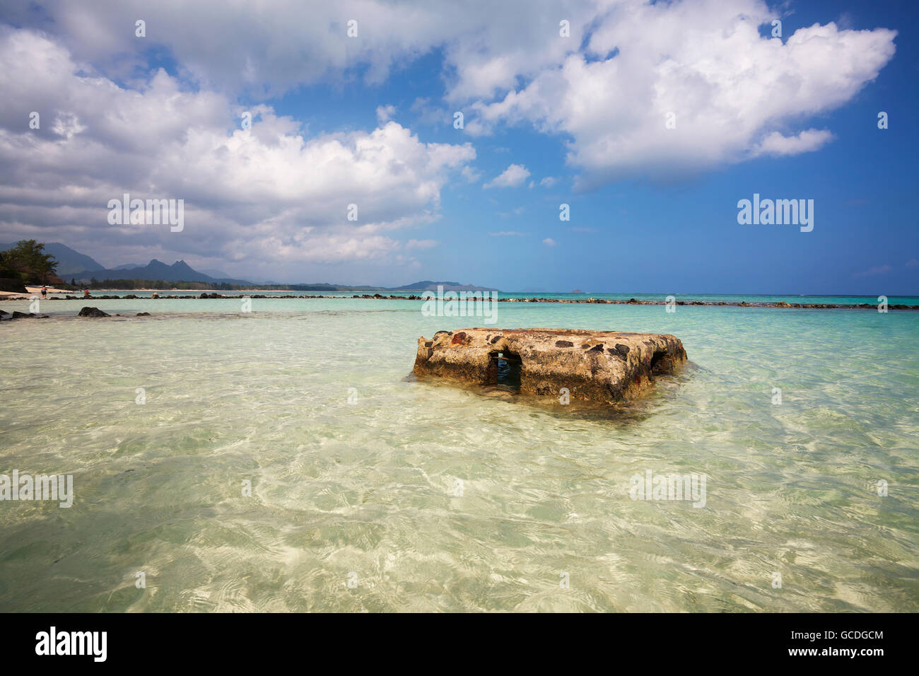 Concrete bunker at Kaiona Beach Park; Oahu, Hawaii, United States of ...
