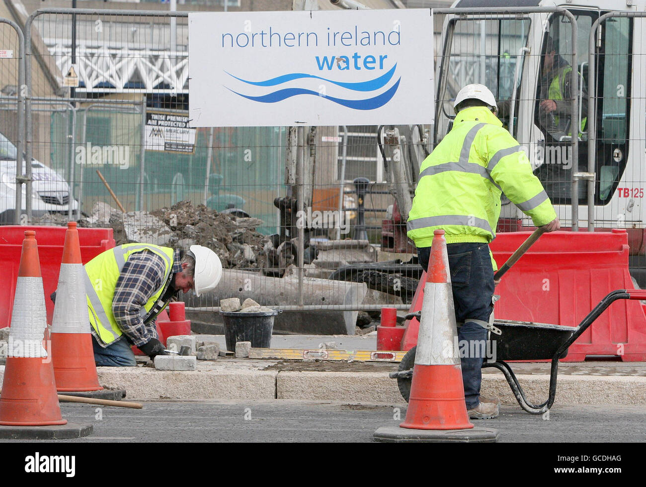 Workmen at a Northern Ireland Water project in Belfast city centre ...