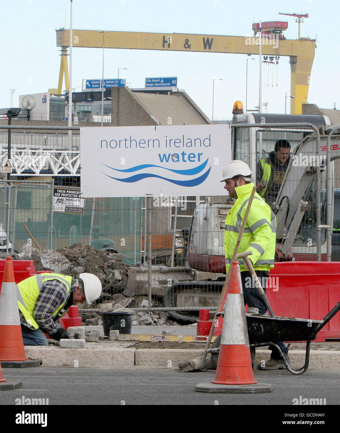 Workmen at a Northern Ireland Water project in Belfast city centre ...