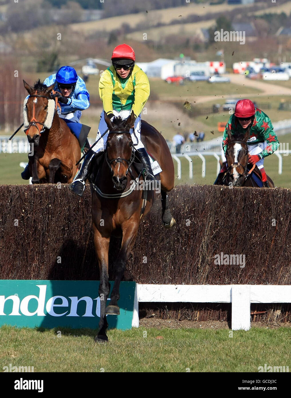 Sizing Europe ridden by A E Lynch clears the final jump on its way to ...